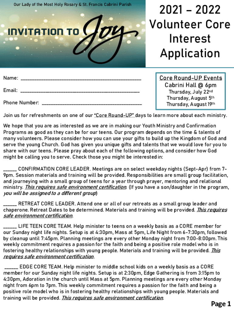 Fillable Online 20212022 Volunteer Core Interest Application - cloudfront.net Fax Email Print ...