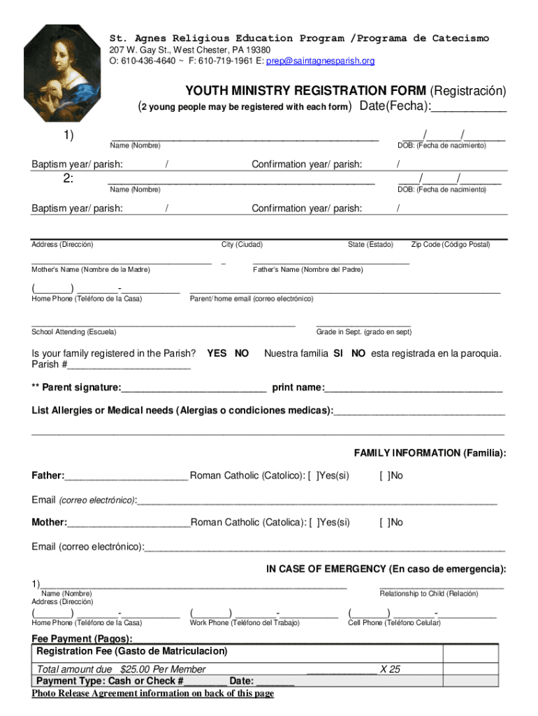 Fillable Online YOUTH MINISTRY REGISTRATION FORM (Registracin) 1) Fax ...