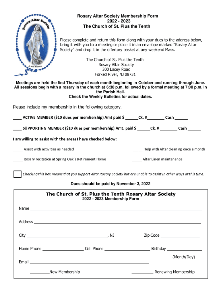 Fillable Online Rosary Altar Society Membership Form 2022 - 2023 The Church of St. Pius ... Fax ...
