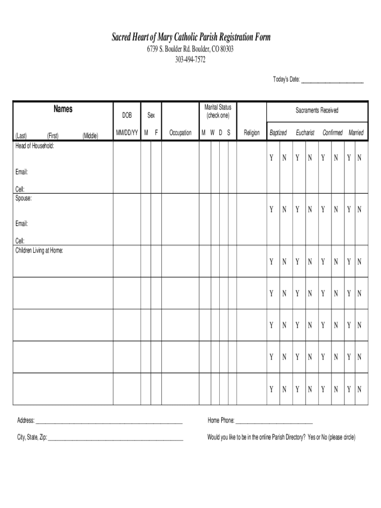 Fillable Online Sacred Heart of Mary Catholic Parish Registration Form Fax Email Print - pdfFiller
