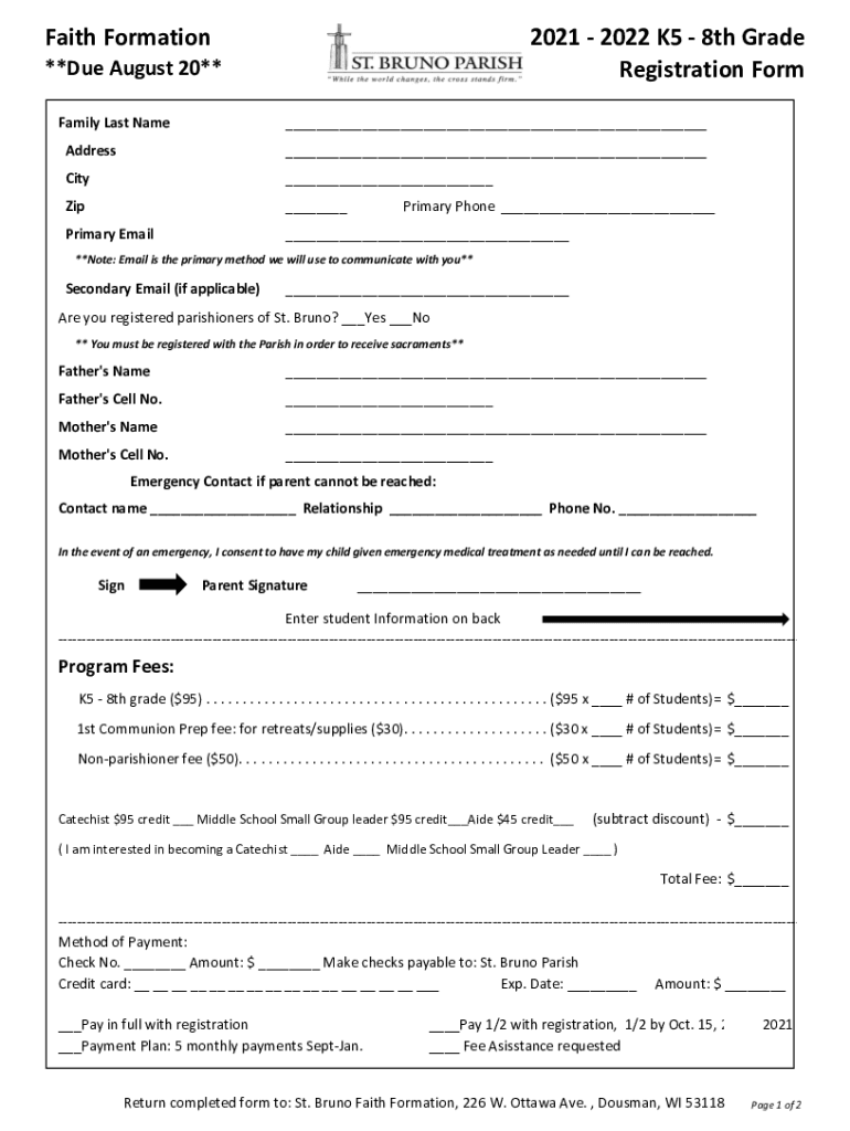 Fillable Online Faith Formation 2021 - 2022 K5 - 8th Grade Registration Form Fax Email Print ...