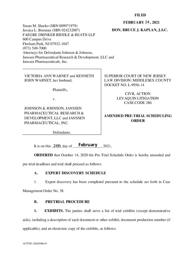 Fillable Online WarnetAmended Pretrial Scheduling Order in L-9956-14 Fax Email Print - pdfFiller