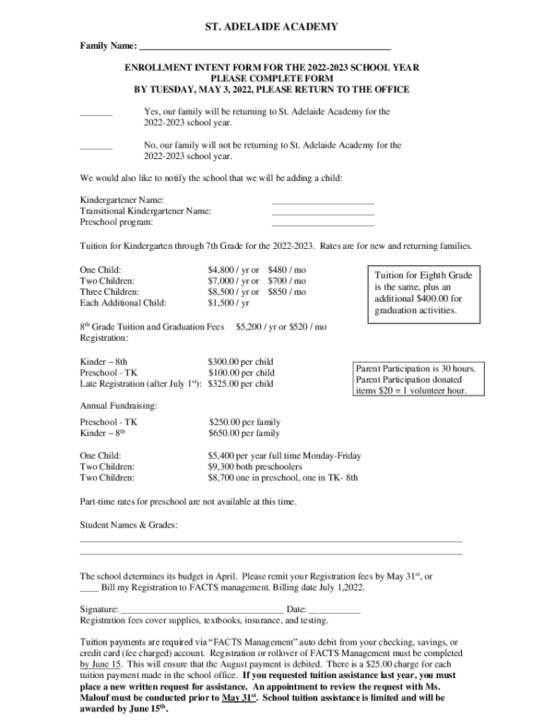 Fillable Online Family Name: ENROLLMENT INTENT FORM FOR THE 2022-2023 ...