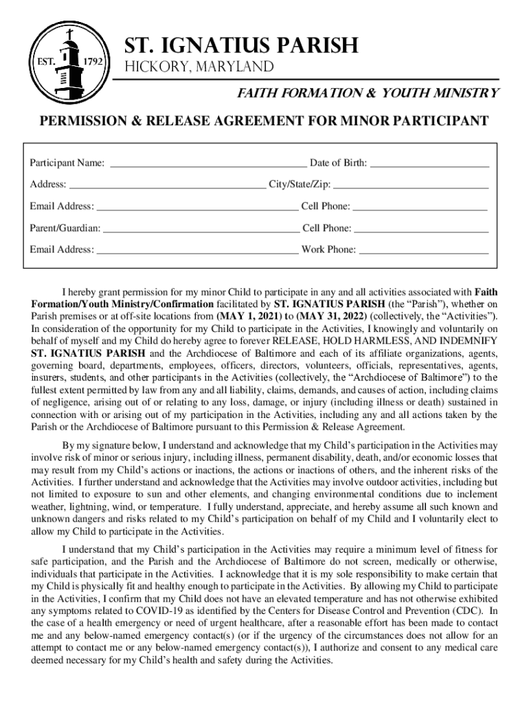Fillable Online PERMISSION & RELEASE AGREEMENT FOR MINOR PARTICIPANT Fax Email Print - pdfFiller
