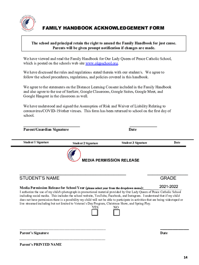 Fillable Online Family Handbook Acknowledgement and Media Release Fax ...