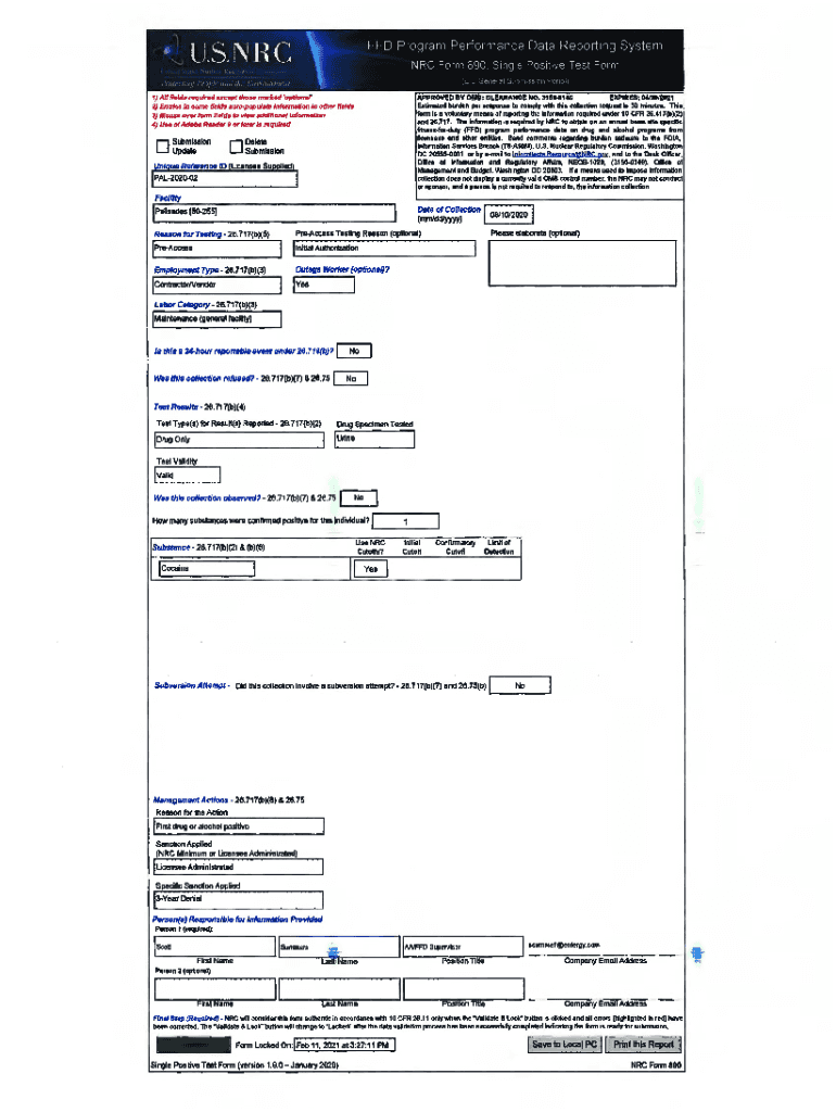 Fillable Online Palisades 50-255, Single Positive Test Form Collected ...