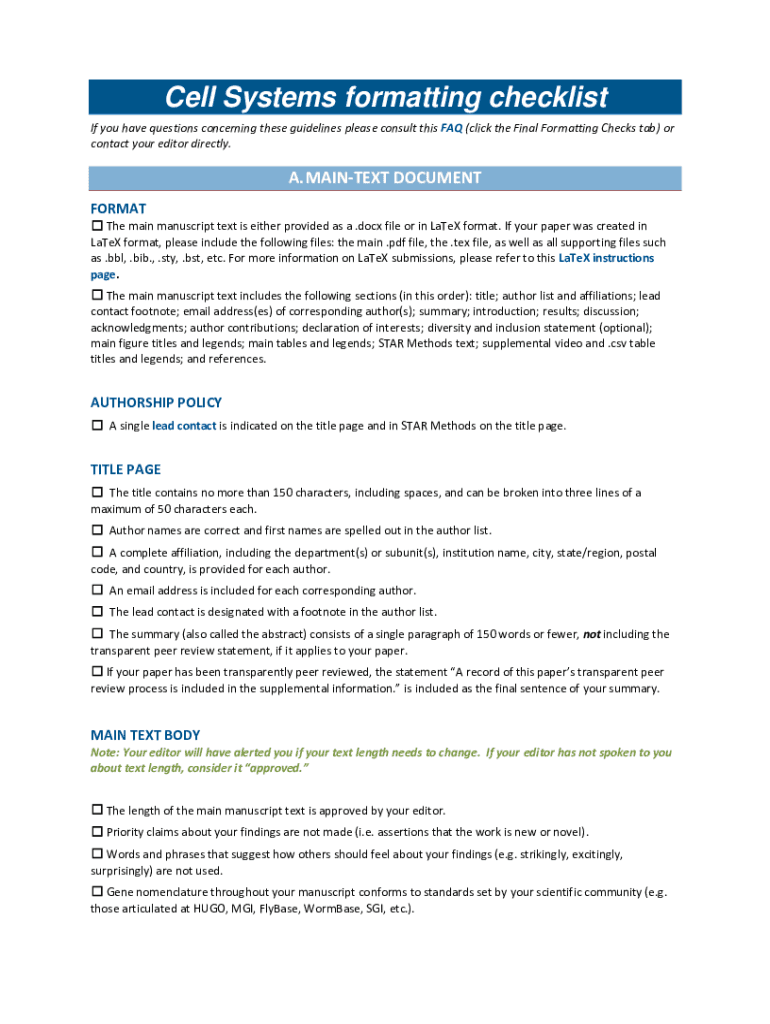 Fillable Online Cell Systems formatting checklist - Elsevier Health Fax Email Print - pdfFiller