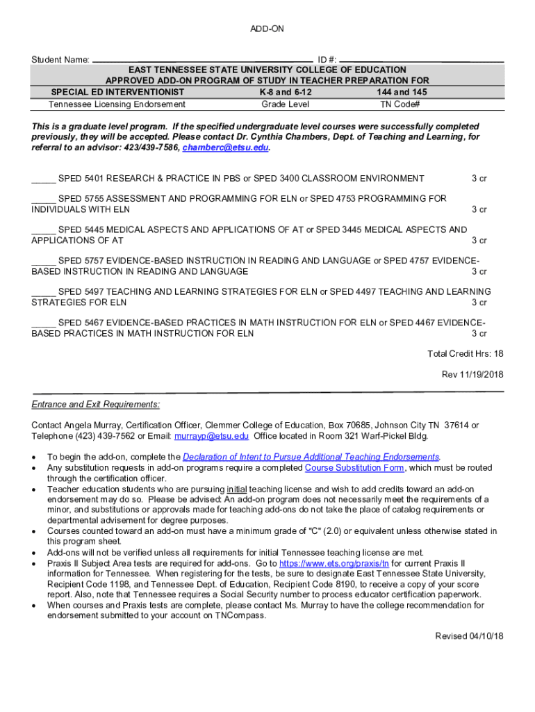 Fillable Online www.etsu.educoeeducator-preparationSpecial Ed: Early Childhood Pre K-3 - East ...