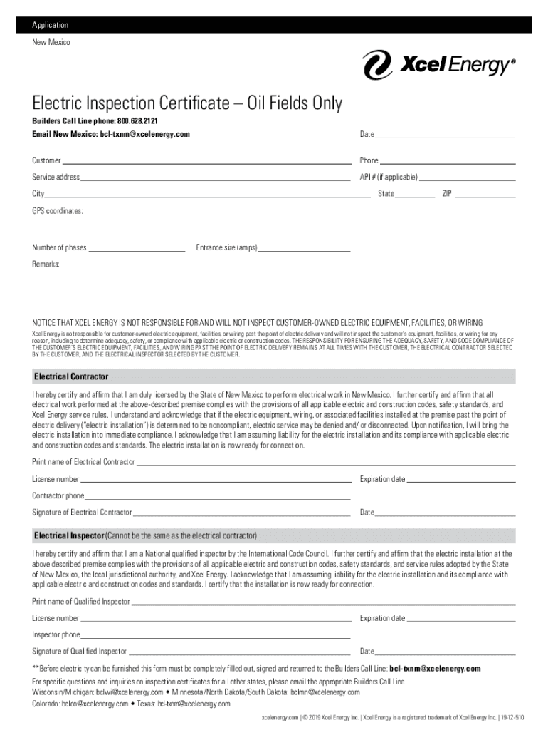 Fillable Online Electric Inspection Certificate Oil Fields Only - Xcel ...