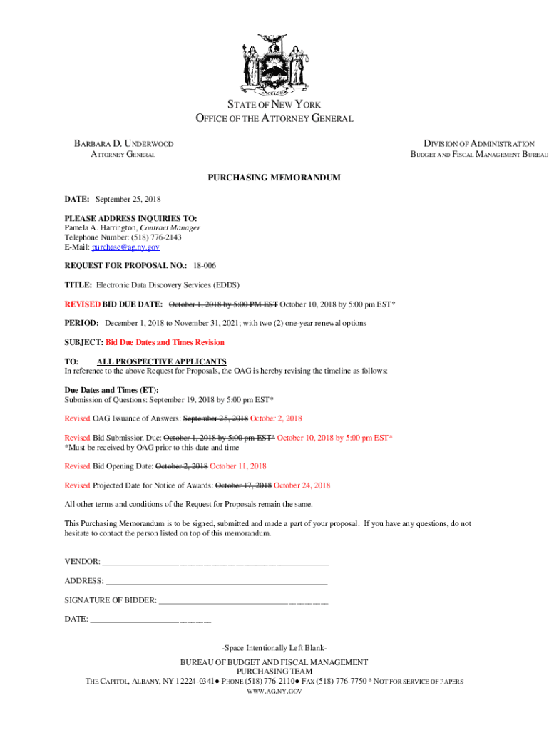 Fillable Online ag ny Purchasing Memorandum - Bid Due Dates and Times ...