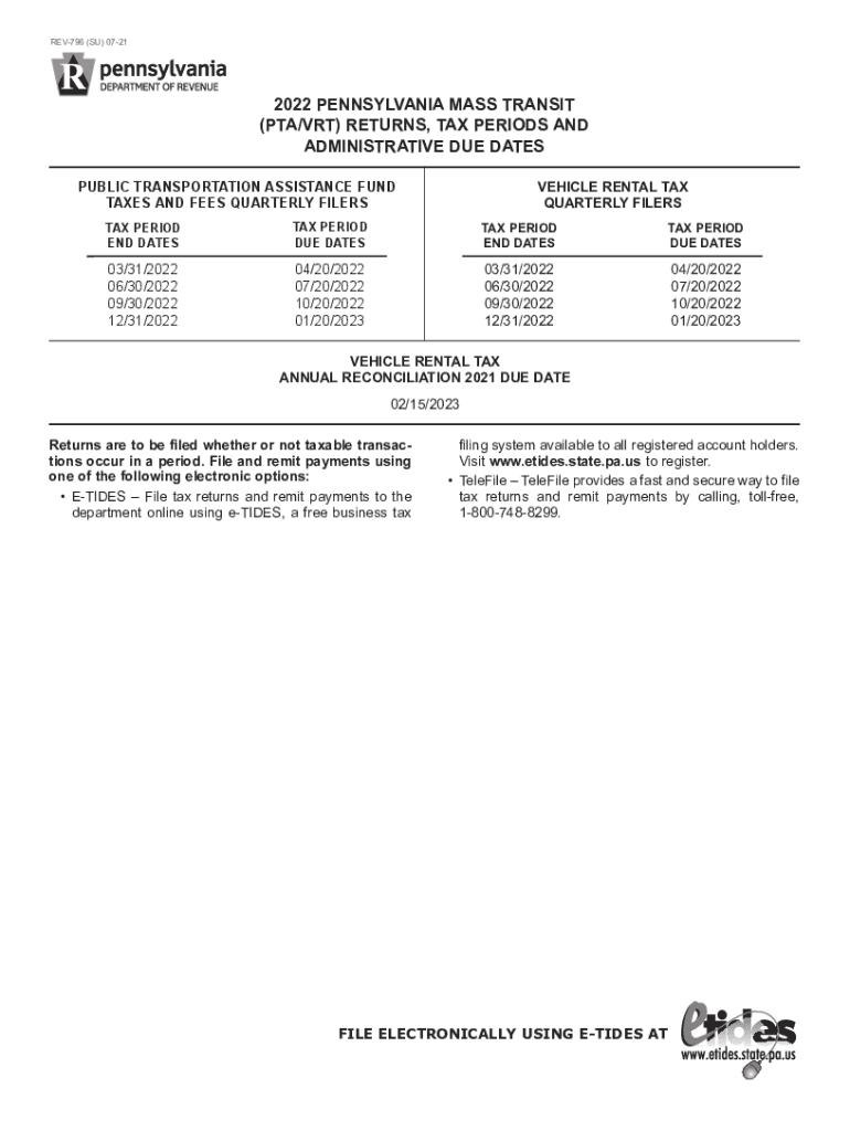 Fillable Online 2022 Pennsylvania Mass Transit (PTA/VRT) Returns, Tax ...