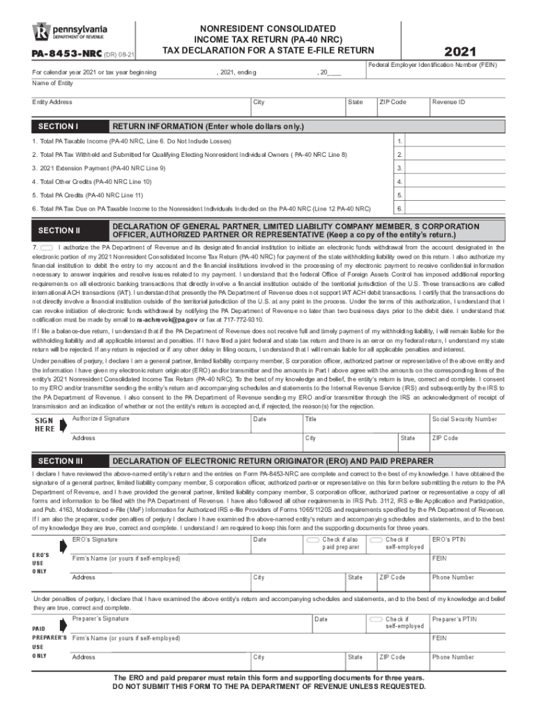 Fillable Online 2021 Nonresident Consolidated Income Tax Return (PA-40 ...