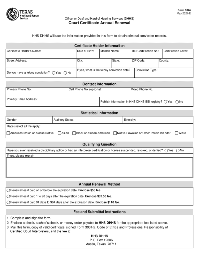 Fillable Online Form 3924, Court Certificate Annual Renewal. Form 3924 ...