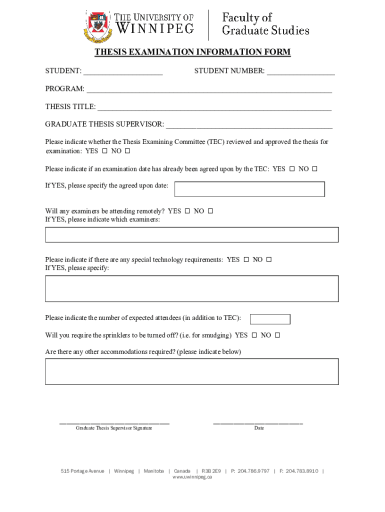 Fillable Online THESIS EXAMINATION INFORMATION FORM - University of Winnipeg Fax Email Print ...