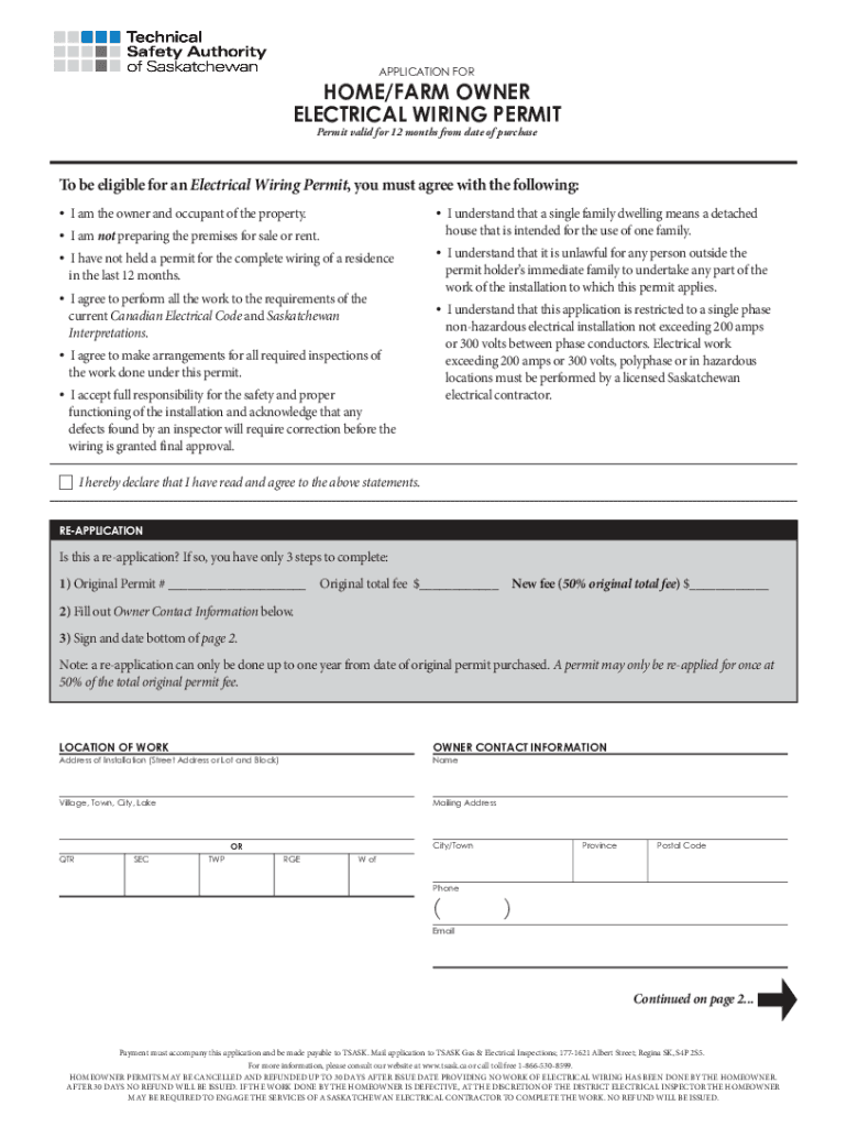 Fillable Online tsaskforms.caformsviewRe-Application of Home/Farm Owner Electrical Wiring Permit ...