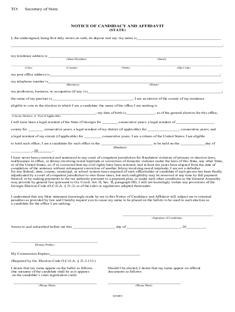 Fillable Online sos ga TO: Secretary of State NOTICE OF CANDIDACY AND ...
