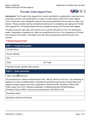 Fillable Online Medi-Cal Rx Provider Claim Appeal Form - CaliforniaMedi ...