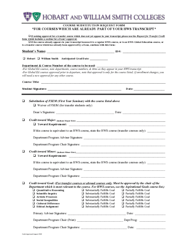 Fillable Online COURSE SUBSTITUTION REQUEST FORM *FOR COURSES WHICH ARE ALREADY PART OF ... Fax ...