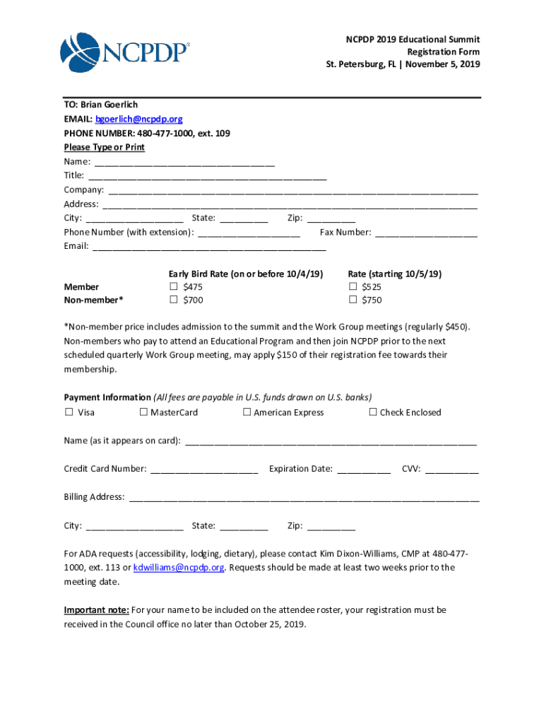 Fillable Online NCPDP 2019 Educational Summit Registration Form St ...