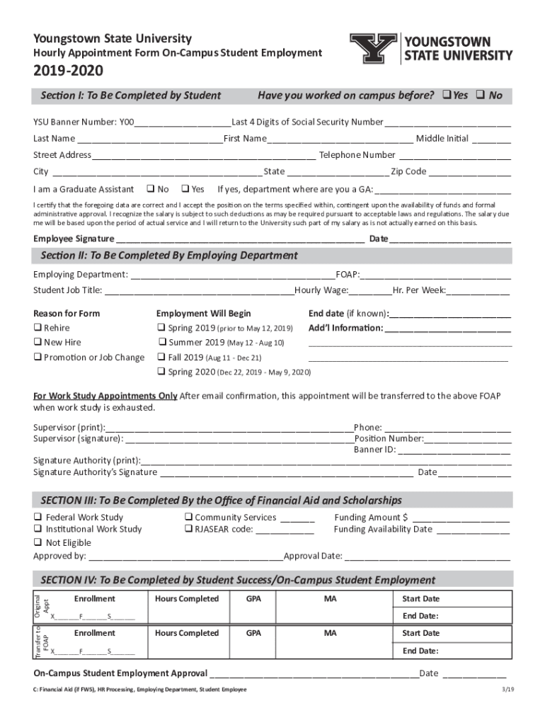 Fillable Online YSU Hourly appointment form Fax Email Print - pdfFiller
