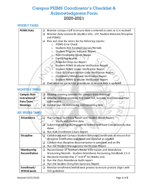 Fillable Online Campus PEIMS Coordinator's Checklist & Acknowledgment ...