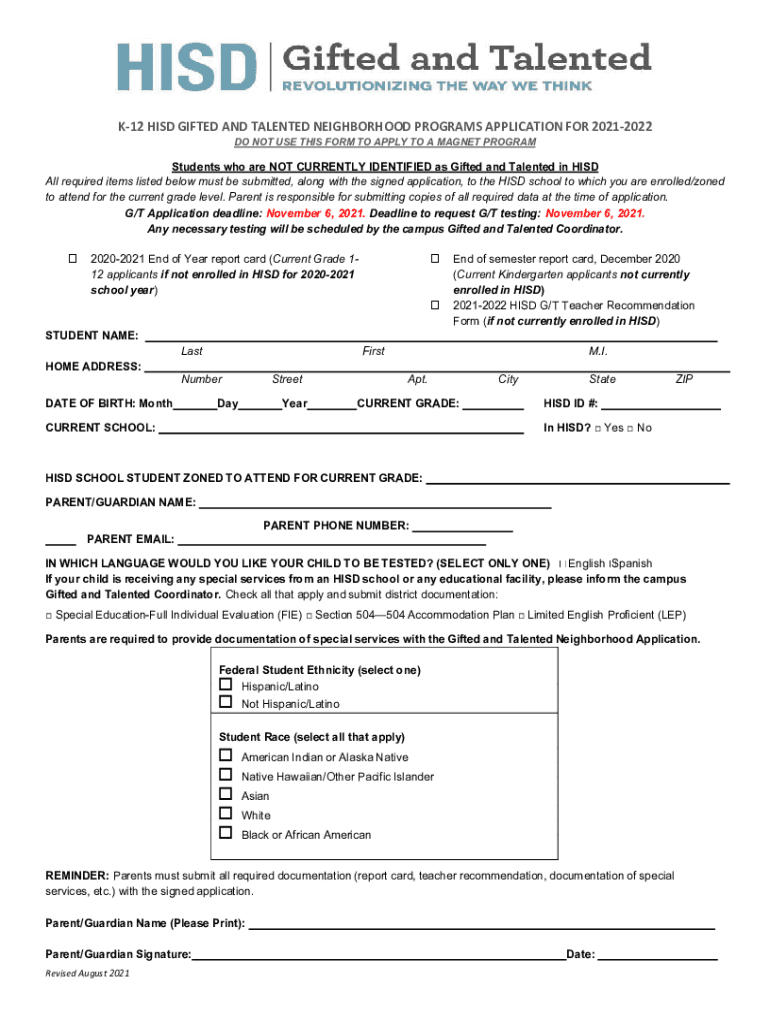 Fillable Online K-12 HISD GIFTED AND TALENTED ... - Houston ISD Fax ...
