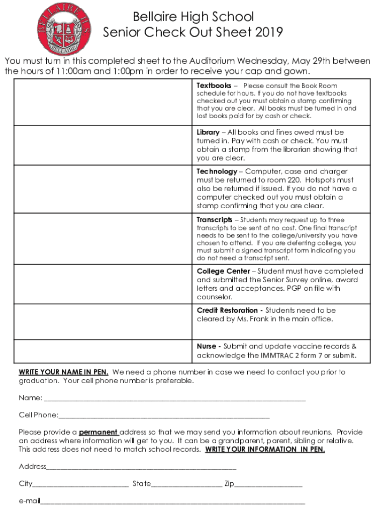 Fillable Online Bellaire High School Senior Check Out Sheet 201 Fax ...