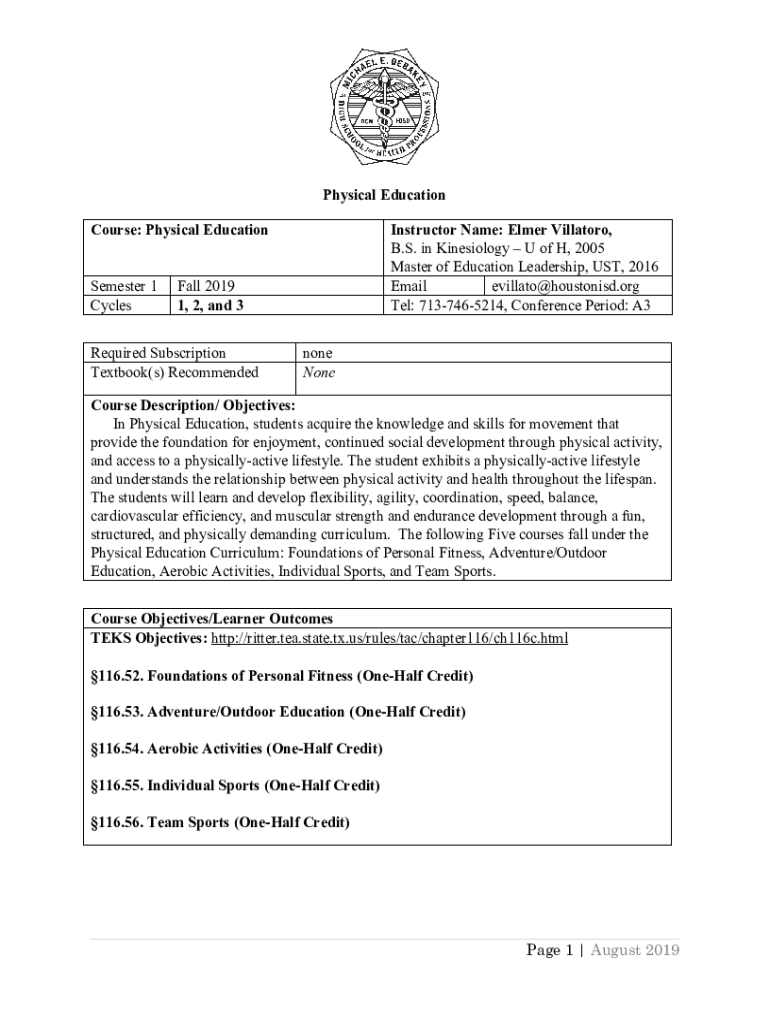 Fillable Online Physical Education InstructorName: Elmer Villatoro, B.S ...