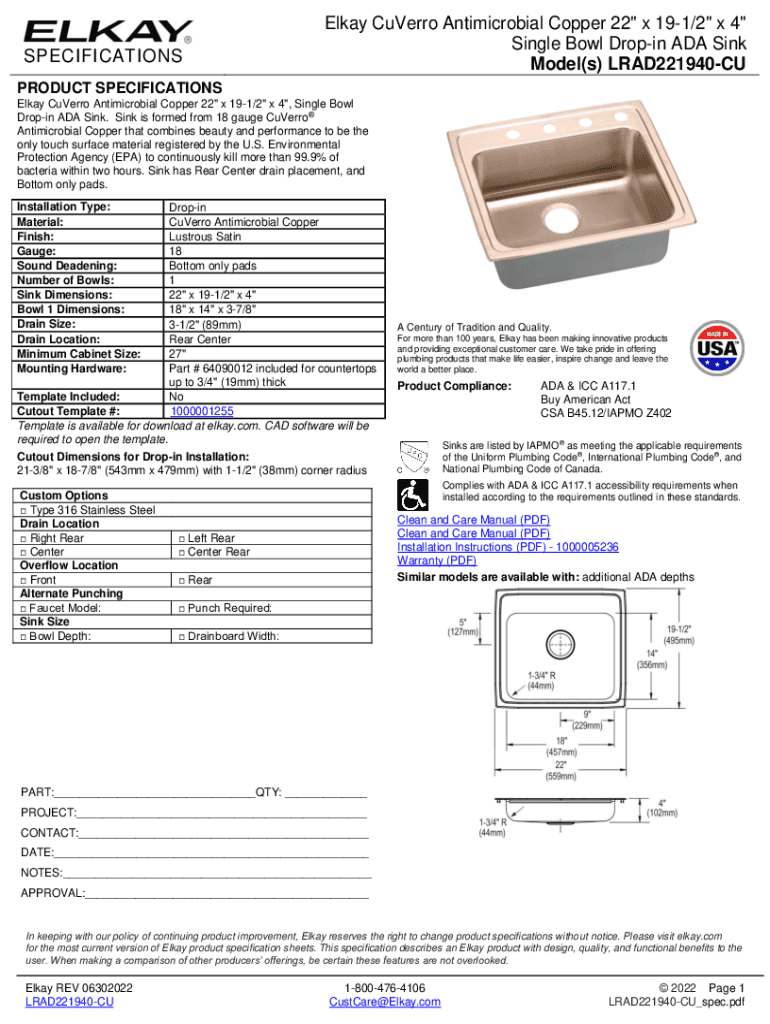 Fillable Online SPECIFICATIONS Elkay CuVerro Antimicrobial Copper 22" x ...