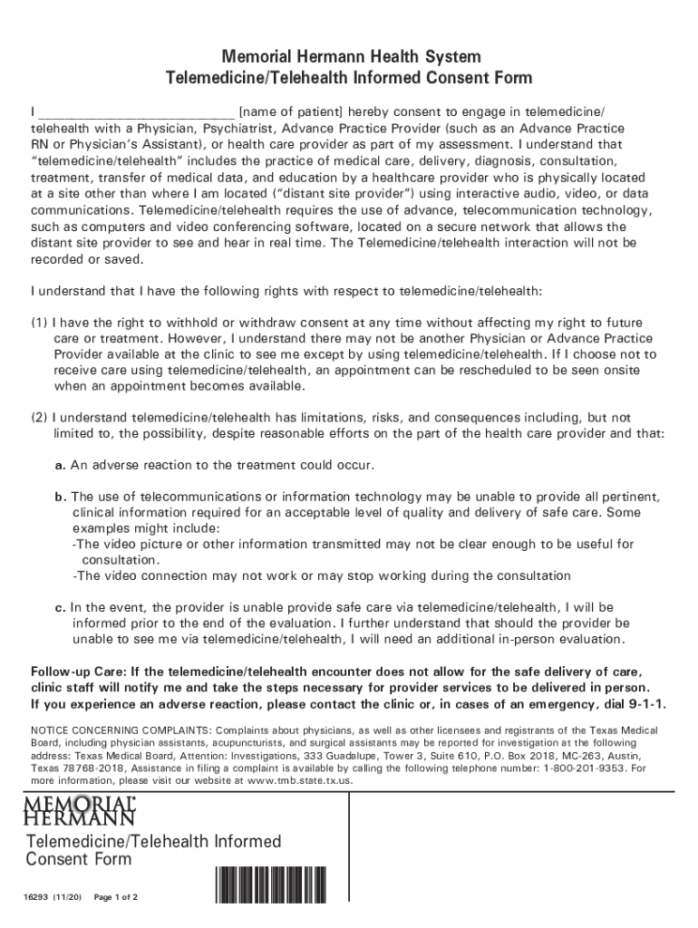 Fillable Online Telemedicine/Telehealth Informed Consent Form - Houston ISD Fax Email Print ...