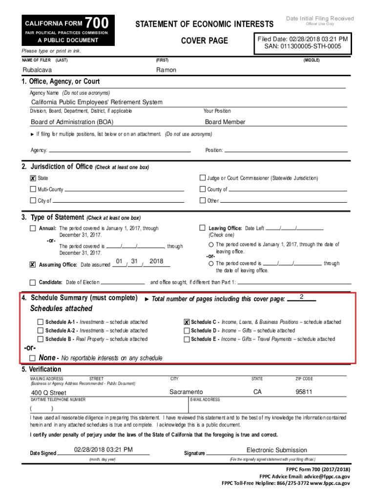 Fillable Online Statement Of Economic Interests Cover Page. Statement ...
