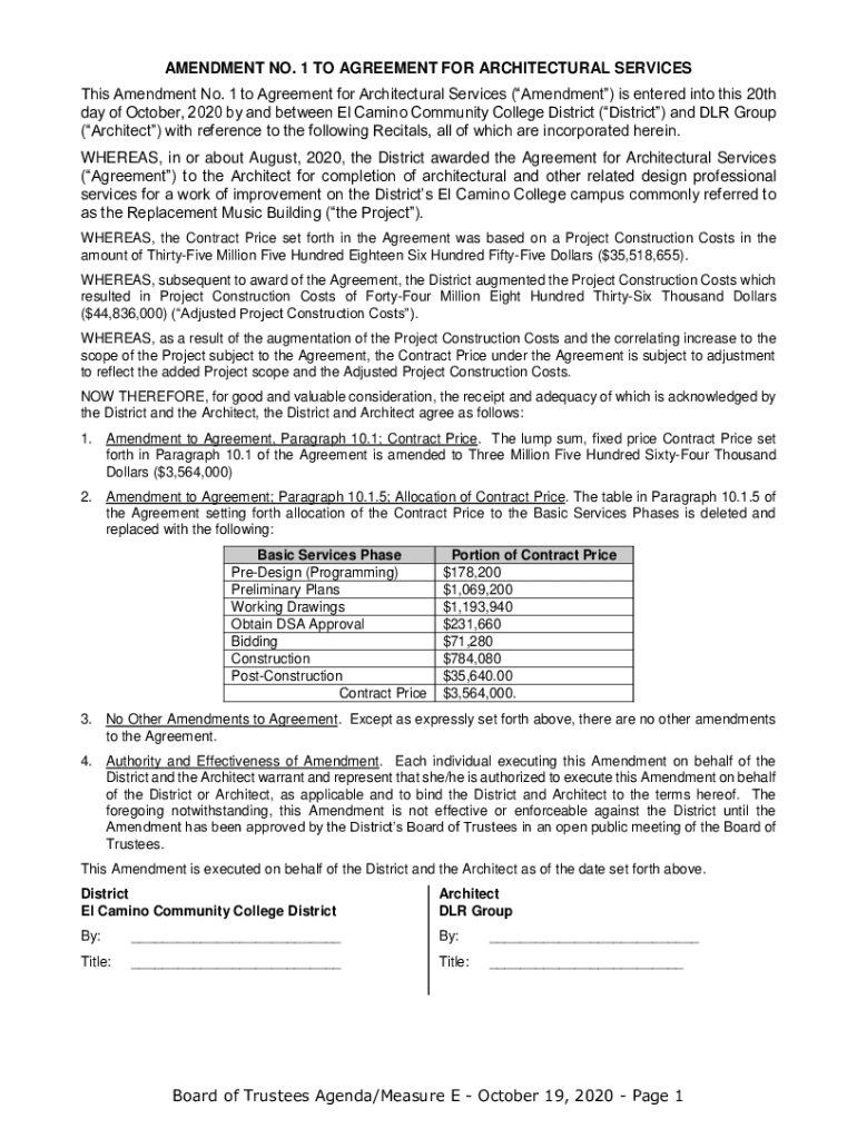 Fillable Online go.boarddocs.comcaecccdAMENDMENT NO. 1 TO AGREEMENT FOR ARCHITECTURAL SERVICES ...