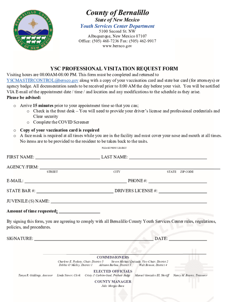 Fillable Online YSC PROFESSIONAL VISITATION REQUEST FORM - Bernalillo ...