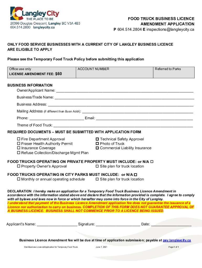 Fillable Online FOOD TRUCK BUSINESS LICENCE Fax Email Print - pdfFiller
