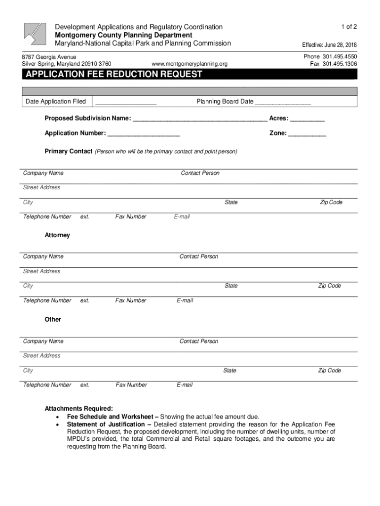 Fillable Online APPLICATION FEE REDUCTION REQUEST - Montgomery Planning ...