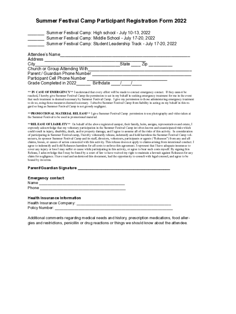 Fillable Online Summer Festival Camp Participant Registration Form 2022 ...