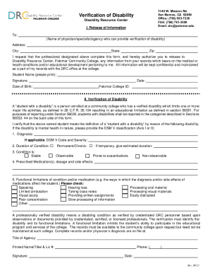 Fillable Online www2 palomar Verification of Disability Form Fax Email ...