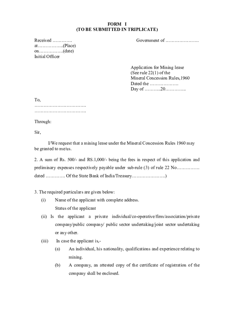 Fillable Online FORM - I APPLICATION FOR MINING LEASE (SEE RULE 22 (1 ...