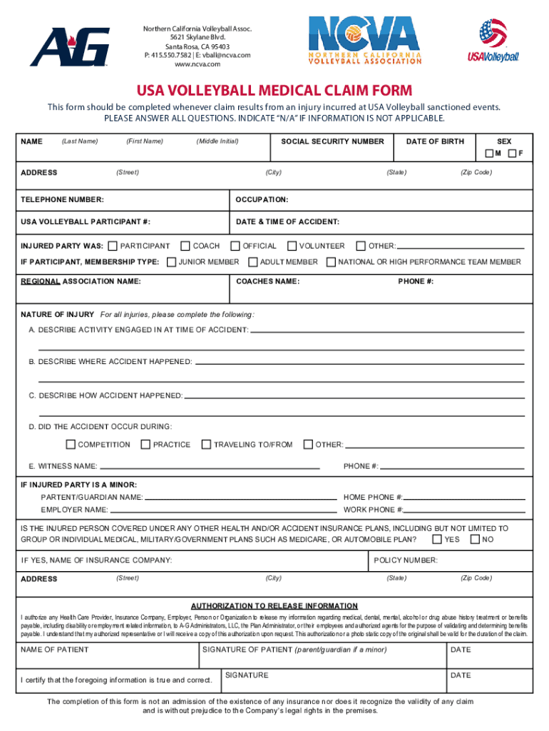 Fillable Online USA VOLLEYBALL MEDICAL CLAIM FORM - ncva.com Fax Email Print - pdfFiller