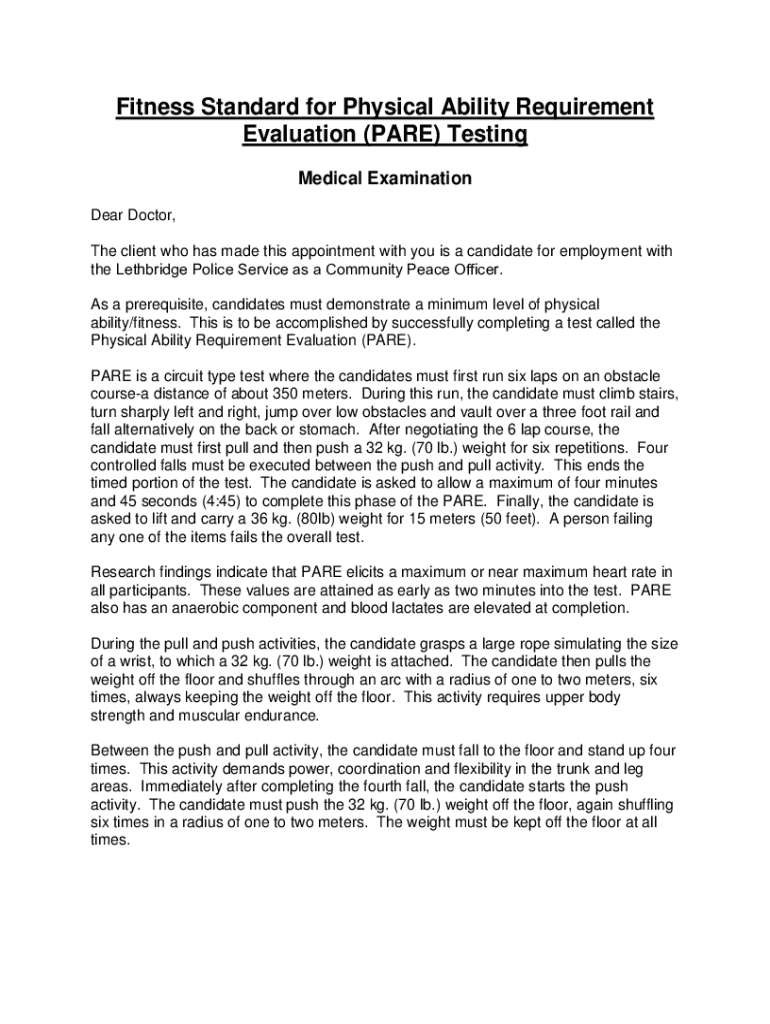Fillable Online Fitness Standard for Physical Ability Requirement ...