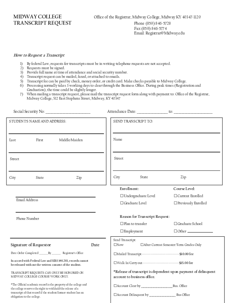 Fillable Online www.uslegalforms.comform-library47975-midwayMidway College Transcript Request ...