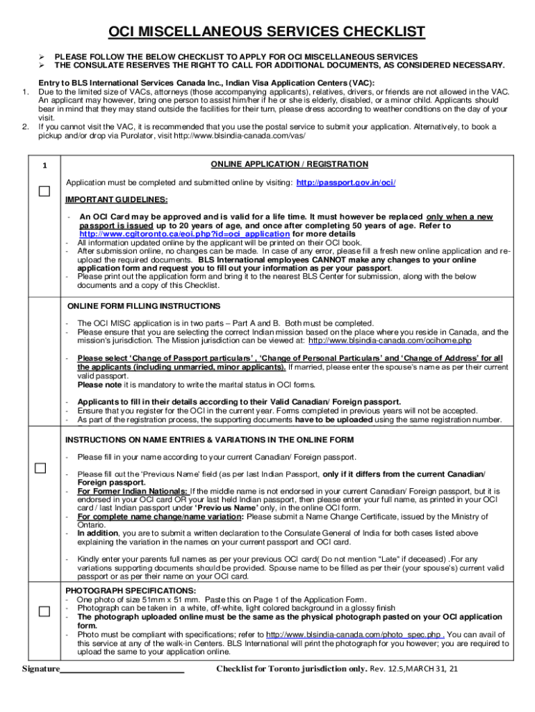 Fillable Online High Commission of India, Wellington, New Zealand : OCI Misc. Services ... Fax ...