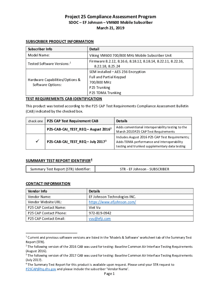 Fillable Online Project 25 Compliance Assessment Program - dhs.gov Fax ...