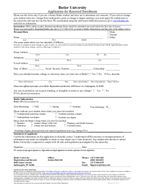 Fillable Online Renewed Enrollment form - Butler University Fax Email ...