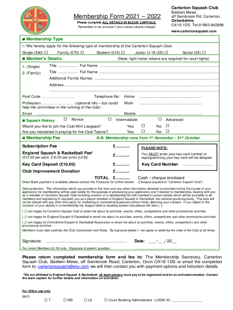 Fillable Online Membership Form 20212022 - Webs Fax Email Print - pdfFiller