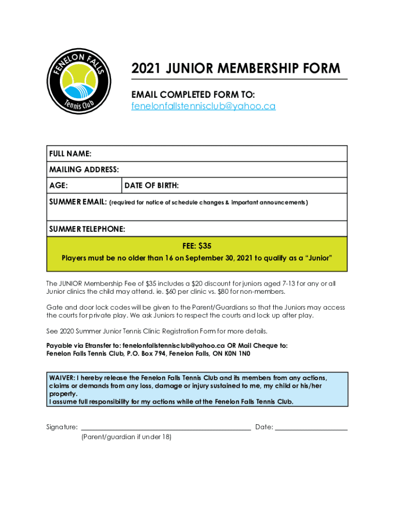 Fillable Online 2021 JUNIOR MEMBERSHIP FORM - Webs Fax Email Print ...