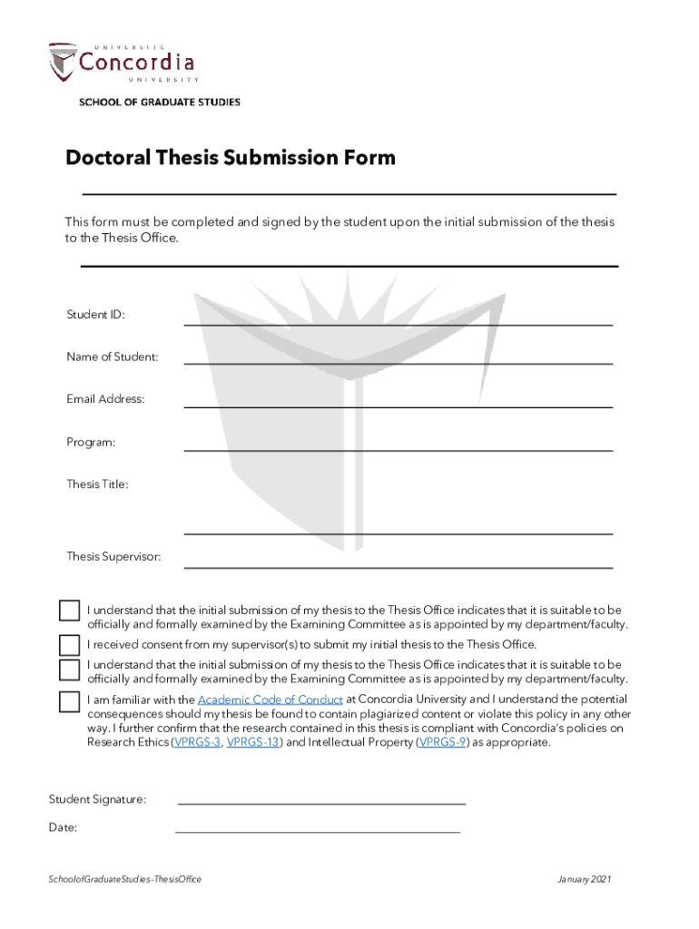 Fillable Online Doctoral Thesis Submission Form - Concordia University Fax Email Print - pdfFiller