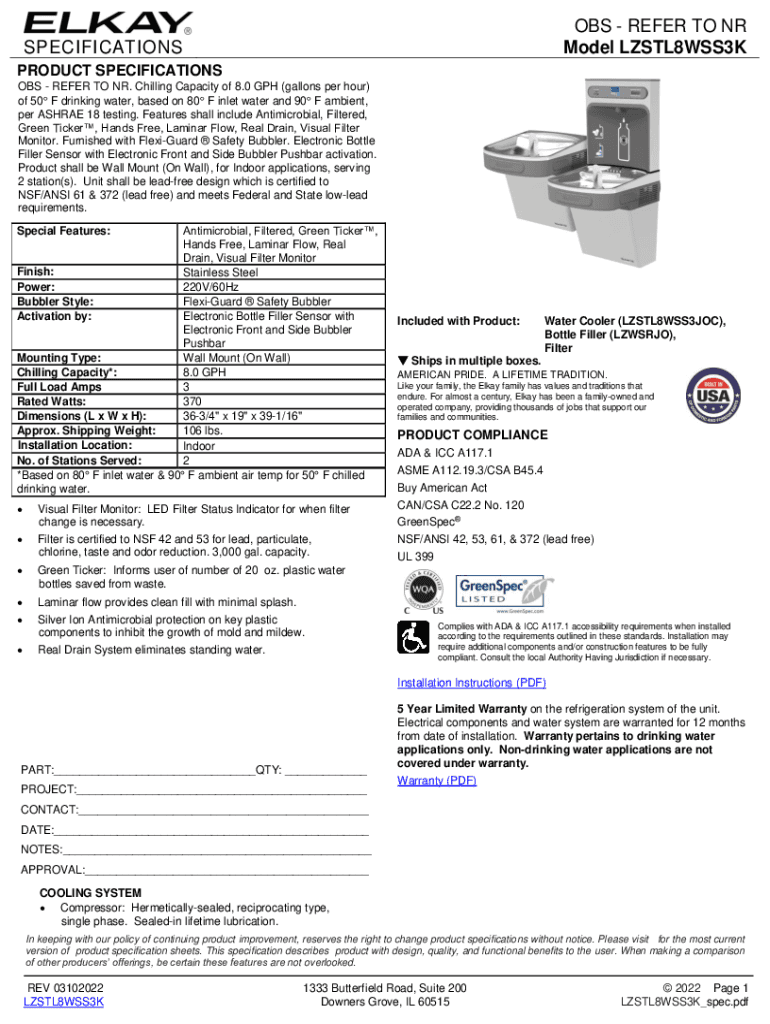 Fillable Online SPECIFICATIONS OBS - REFER TO NR Model LZSTL8WSS3K Fax Email Print - pdfFiller