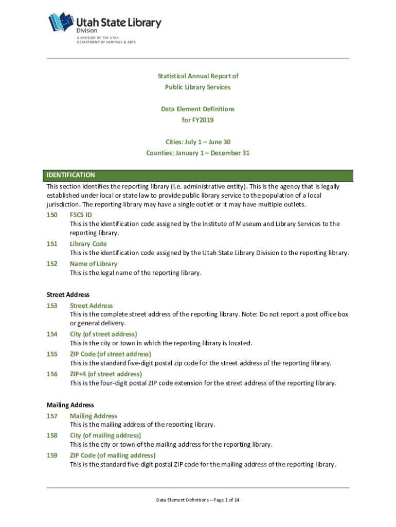 Fillable Online library utah Data Element Definitions for the FY2019 Statistical Annual Report ...