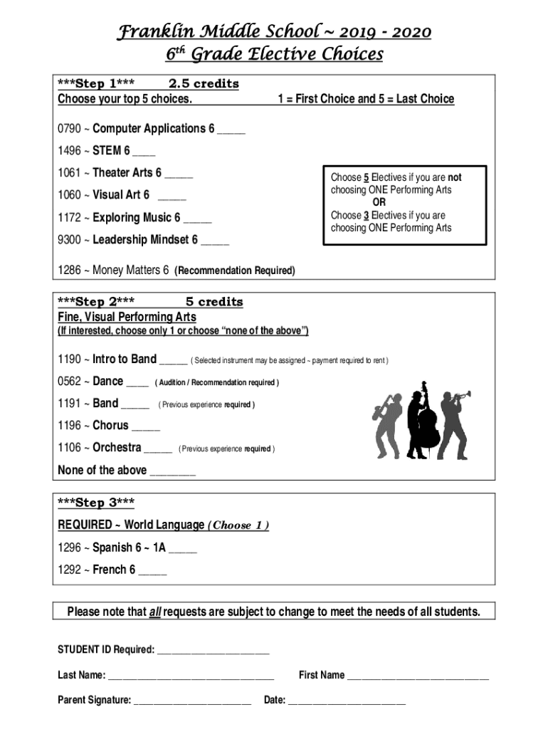 Fillable Online 6th Grade Elective Sheet 2019 - 2020 Fax Email Print - pdfFiller